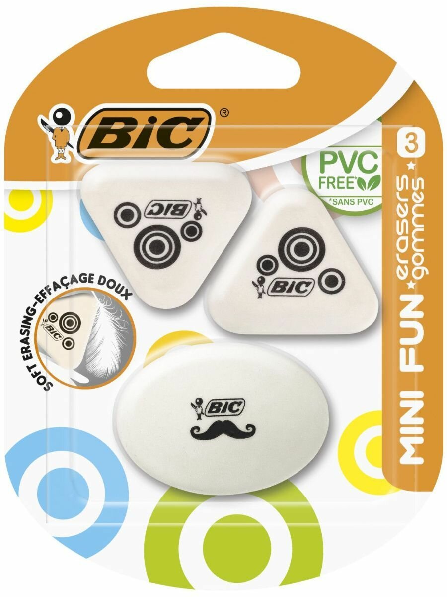 Ластики BIC, стирательные резинки, каучук, без ПВХ, набор 3 шт.