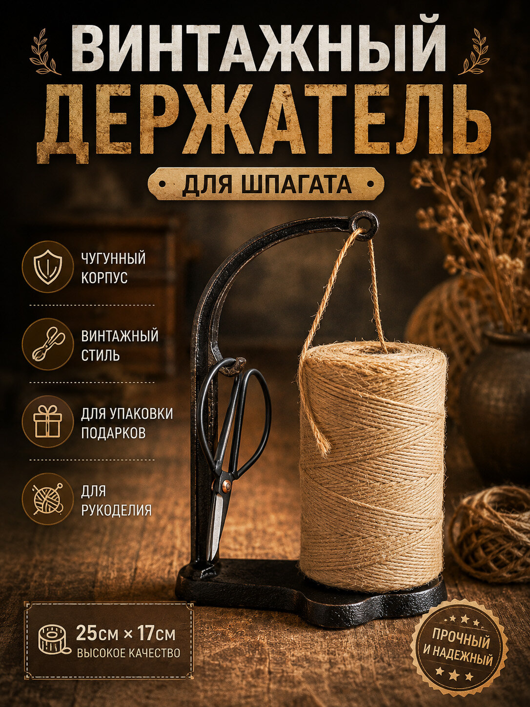 Винтажный чугунный держатель для шпагата с ножницами, в комплекте джутовый шпагат, для рукоделия, упаковки подарков и декора дома. для творчества подарочный комплект