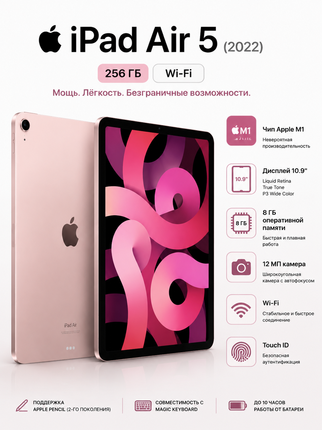 Планшет Apple iPad Air 5 (2022) M1 10.9", 256 ГБ, розовый, Wi-Fi , Liquid Retina дисплей