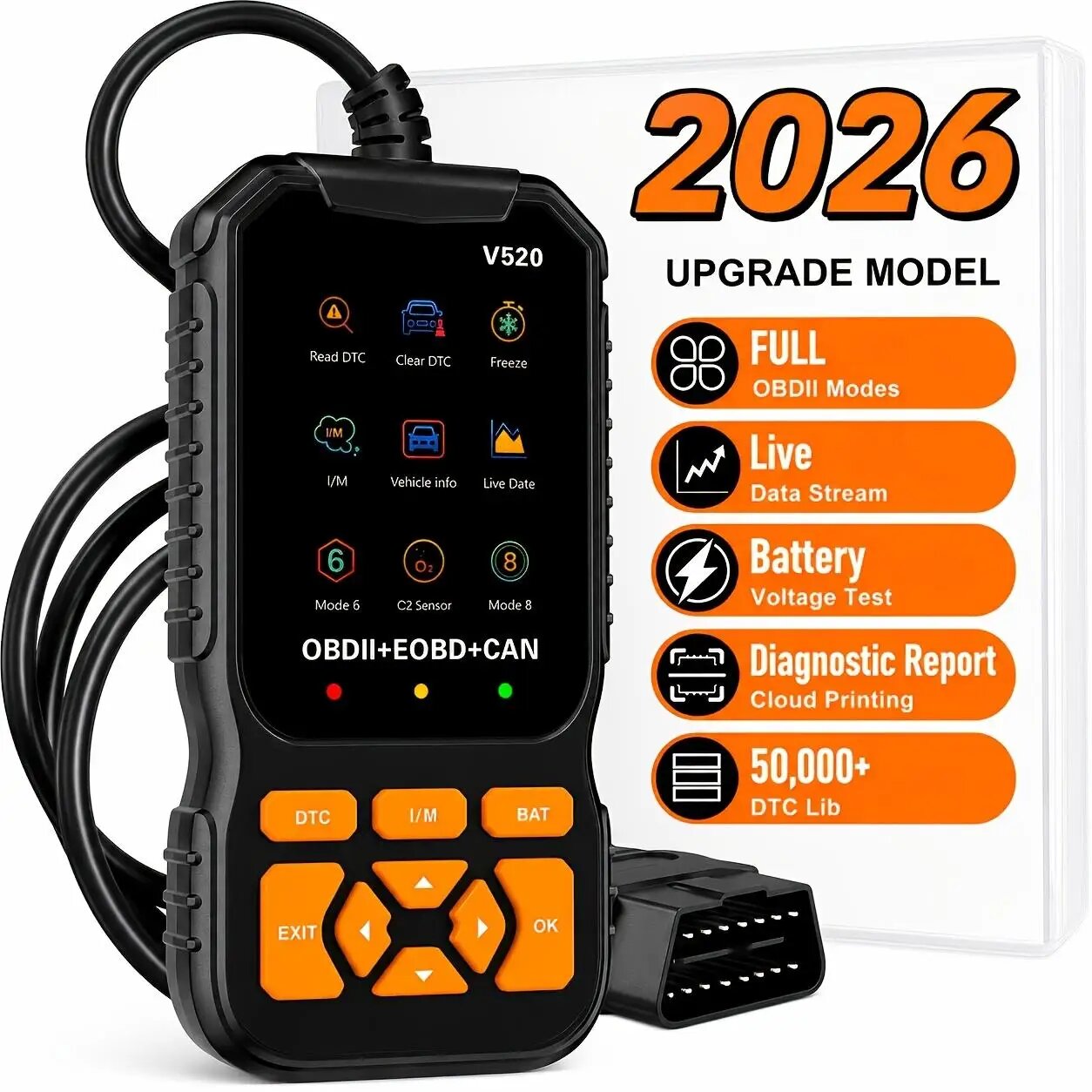 Диагностический Сканер V520 OBD2 2026 (обновленная Версия) Для Автомобилей OBDII/EOBD/CAN: Чтение Данных В Реальном Времени
