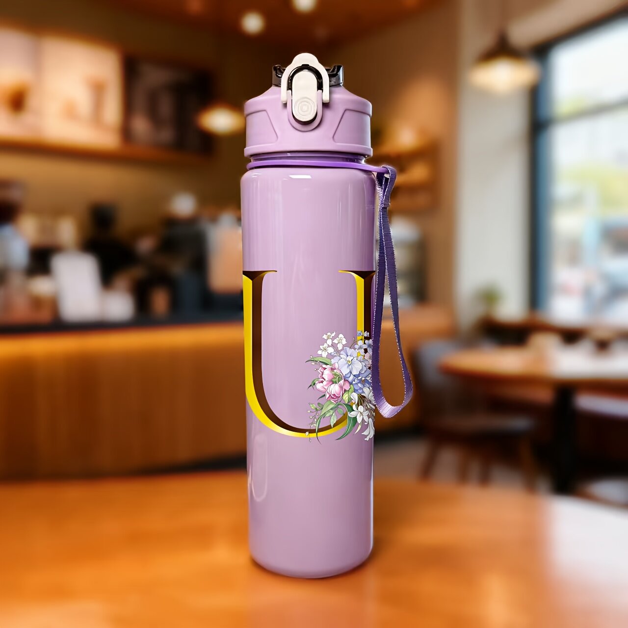 Пластиковый стакан для воды с герметичной откидной крышкой, винтажный цветочный принт с буквами, фиолетовый, для спорта