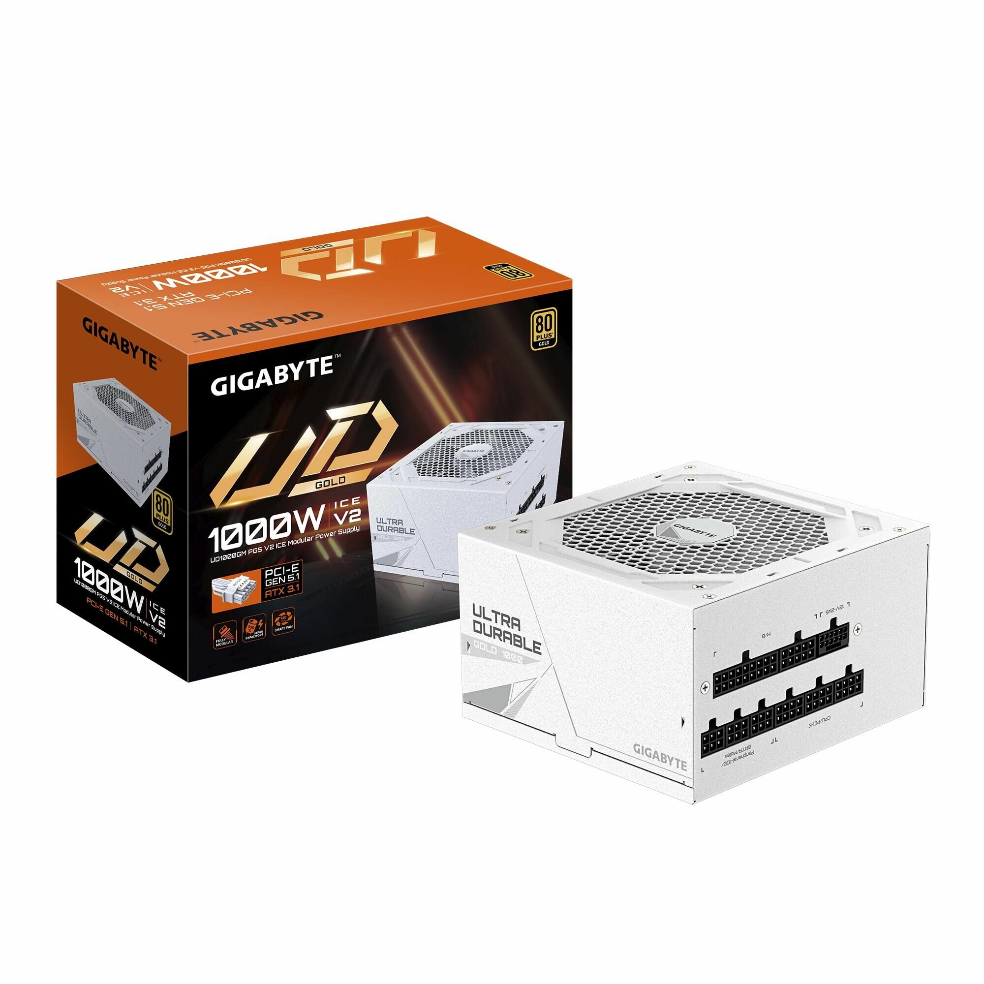 Блок питания ПК Gigabyte UD1000GM PG5 ICE 1000W, 80Plus, Gold, Полностью модульный, White colour