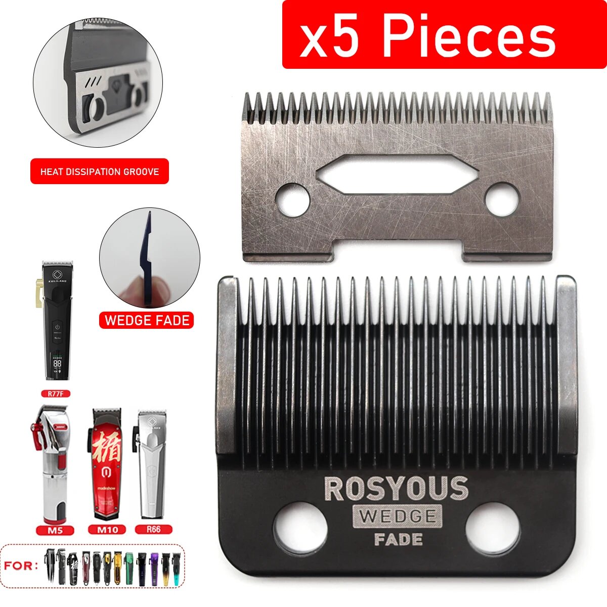 Лезвия для машинки ROSYOUS DLC для Madeshow M5, M5F, M10, Kulilang R66, R77F Black-Silver x 5