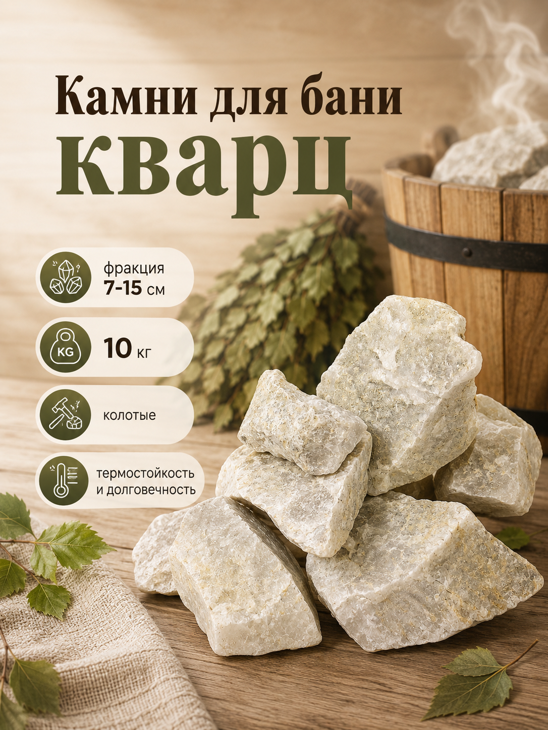 Камни для бани «Кварц». 10 кг, фракция 7-15 см, колотые, в коробке