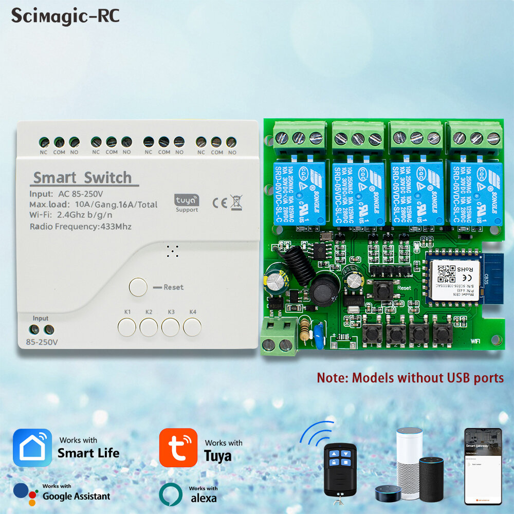 Tuya WiFi AC 85-250V 220V 4-канала RF 433 умный выключатель Модуль управления устройством с Alexa Google Home (Без пульт) беспроводной 4-канальный голосовое управление для умного дома