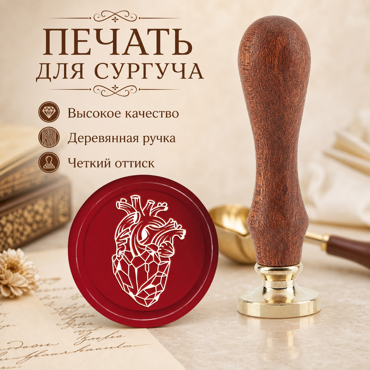 1 комплект печатей из воска в форме сердца, 30 мм/1,18 дюйма, съемная латунная головка, с деревянной ручкой