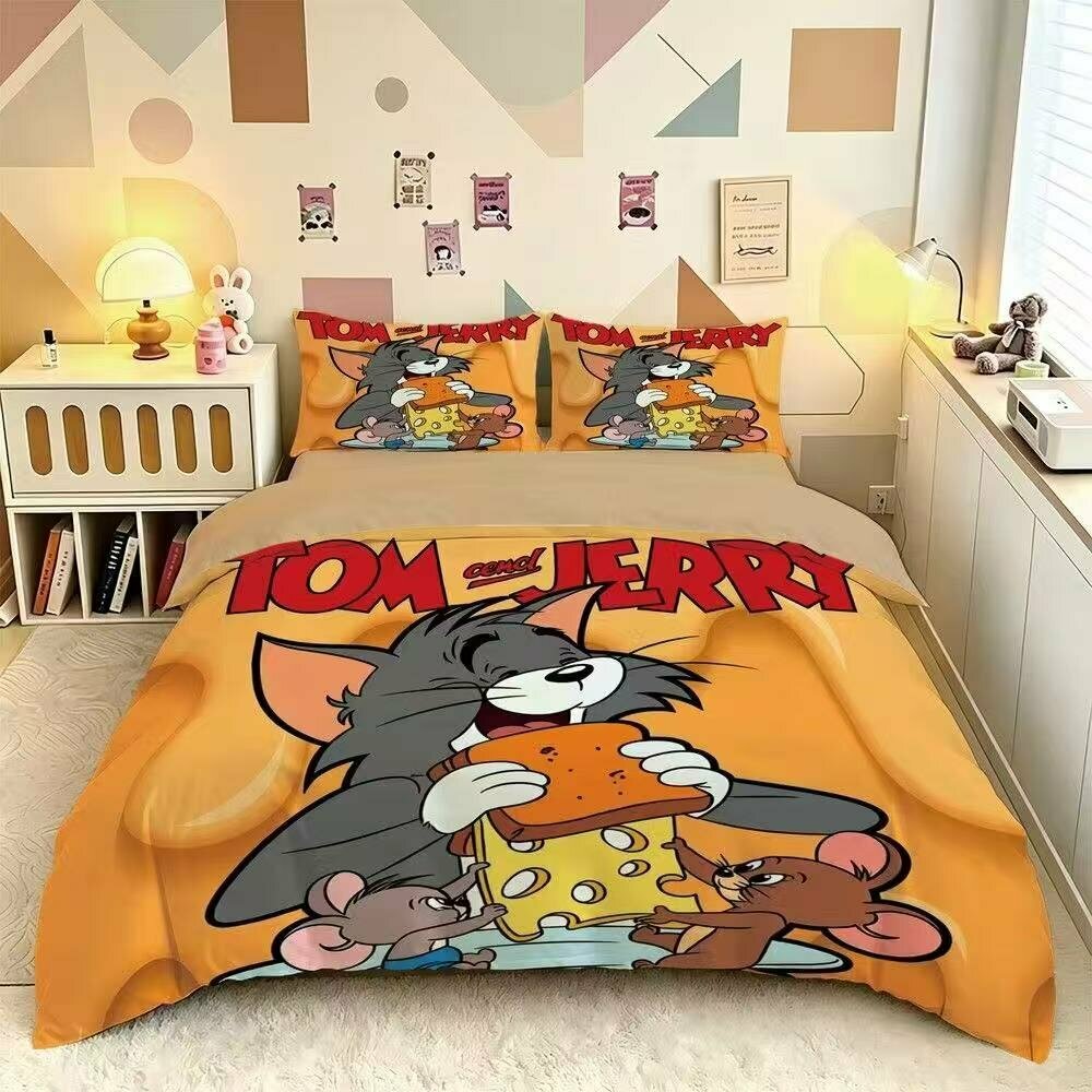 Комплект постельного белья MINISO "Том и Джерри", 200x230 см，4 предмета，хаки，кровать ，1,8 метра
