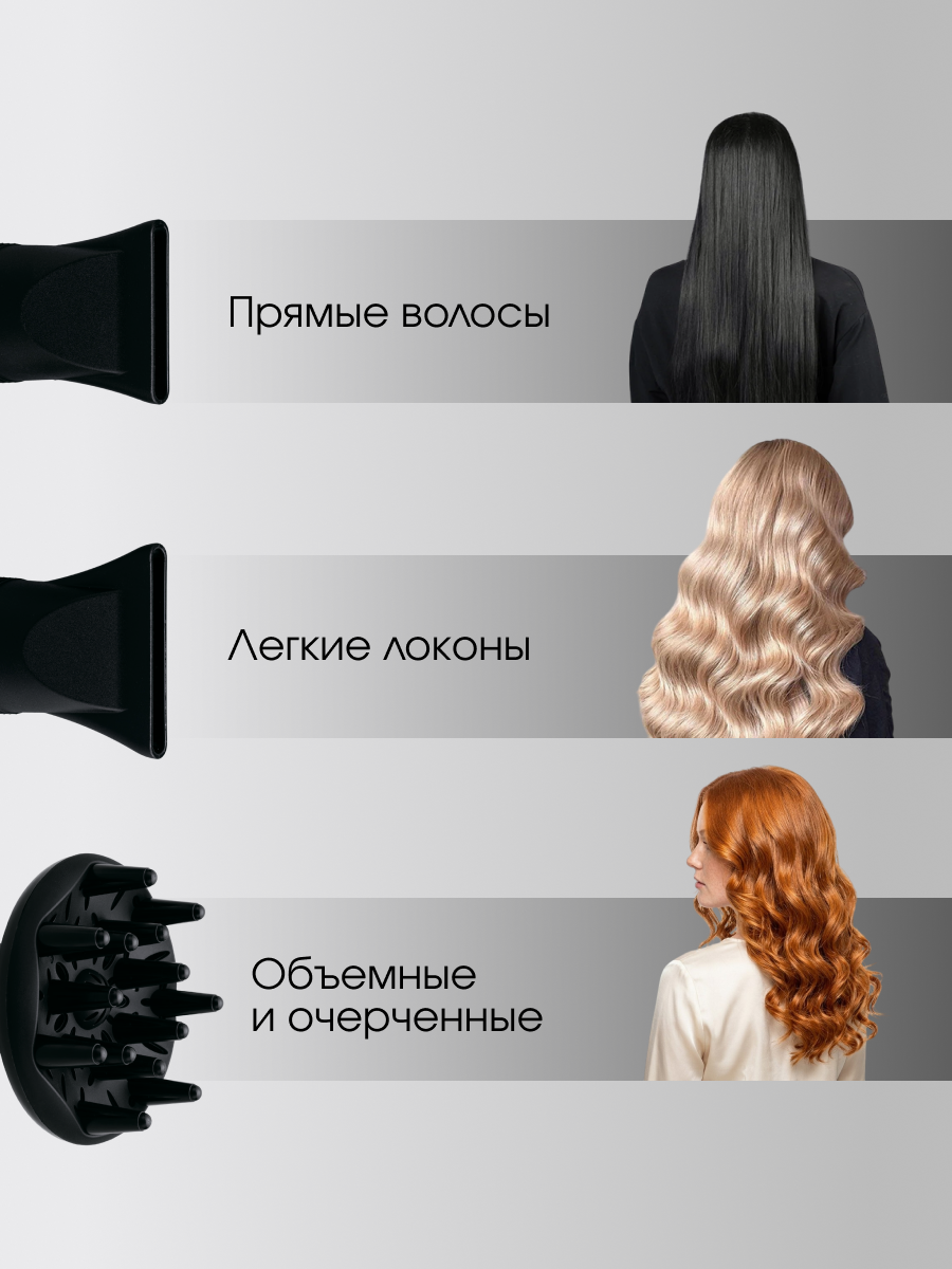 Профессиональный фен ONOF HD-02B, 2600Вт, ионизация, 3 насадки — фото 1