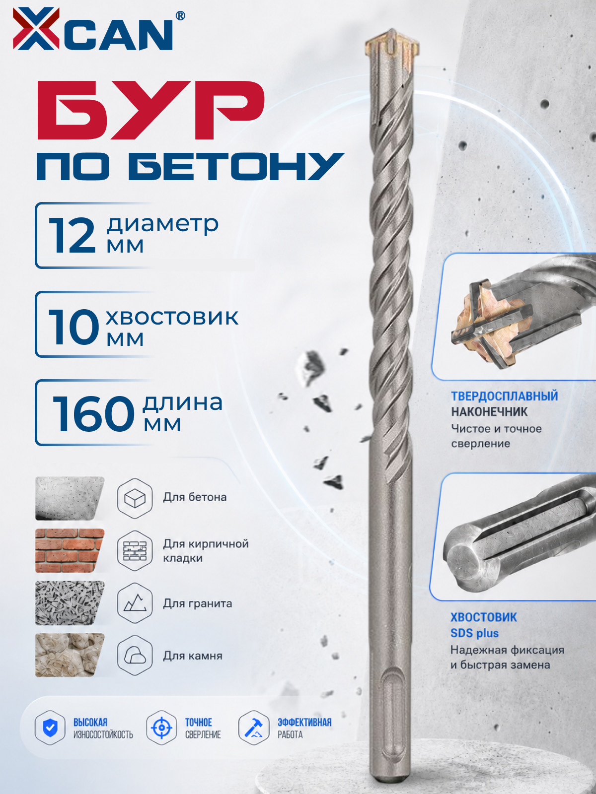 Бур по бетону SDS Plus XCAN 12х160мм, бур для перфоратора SDS-plus, 4-х гранная твердосплавная пластина