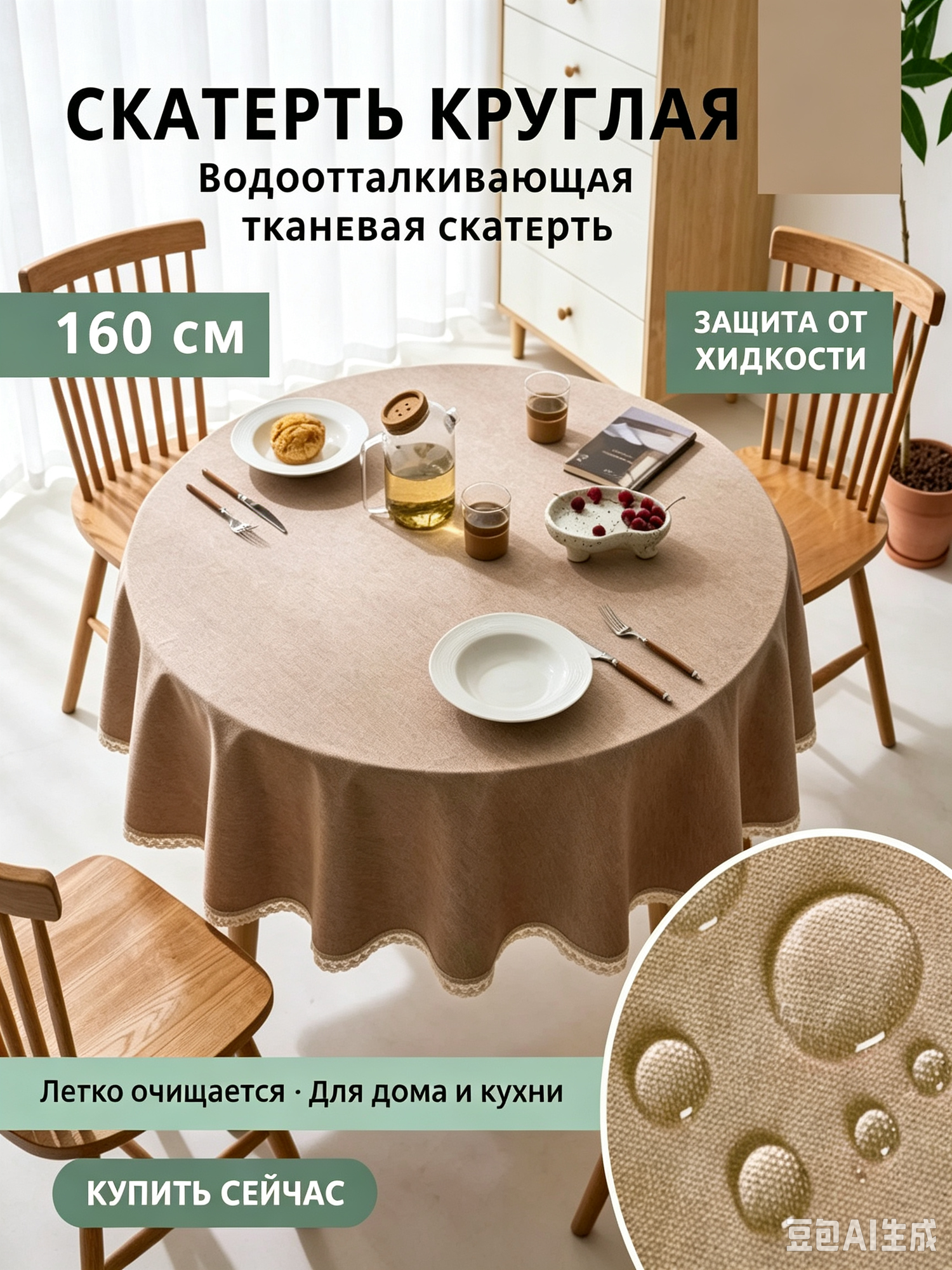 Скатерть круглая на стол водоотталкивающая тканевая бежевая однотонная 160 см, Бохо Сканди, не клеенка