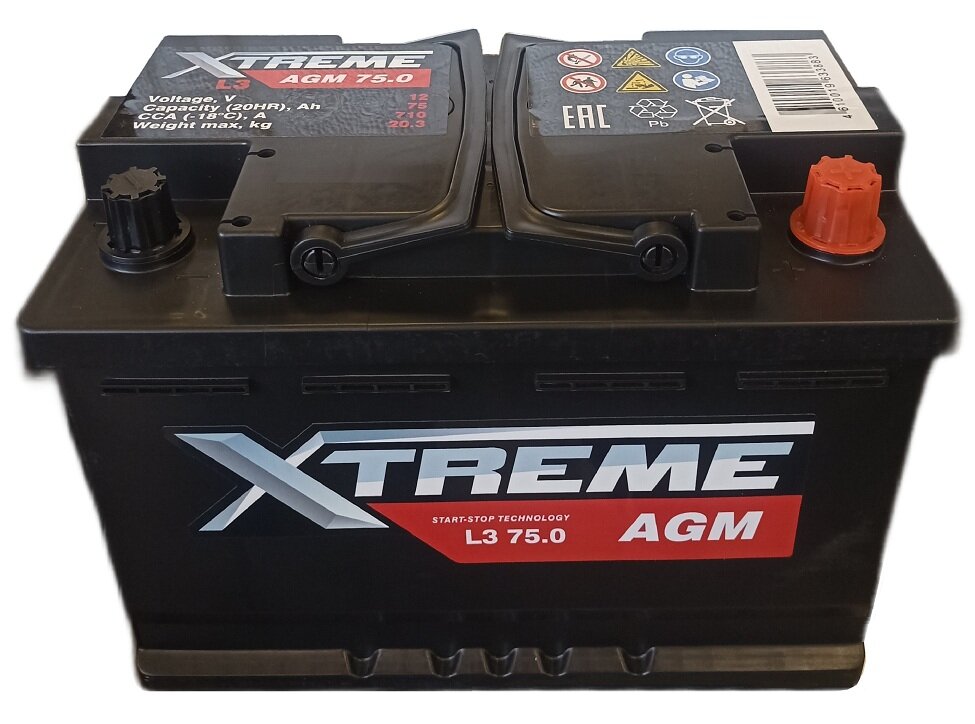 Аккумулятор автомобильный Xtreme AGM 75 А/ч 710 А обр. пол. Евро авто (278х175х190) L3.0