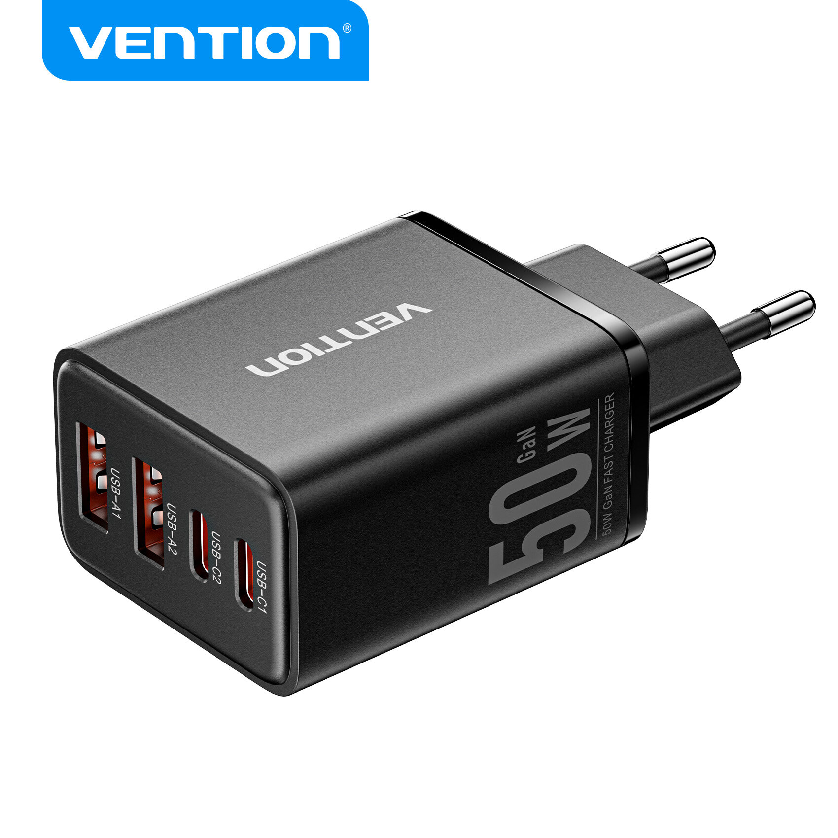 Зарядное устройство type c 50W на 4 порта / Vention/ черный цвет, быстрая зарядка для телефона, ноутбука GAN, адаптер питания USB AM/CM, арт. FCHB0-EU