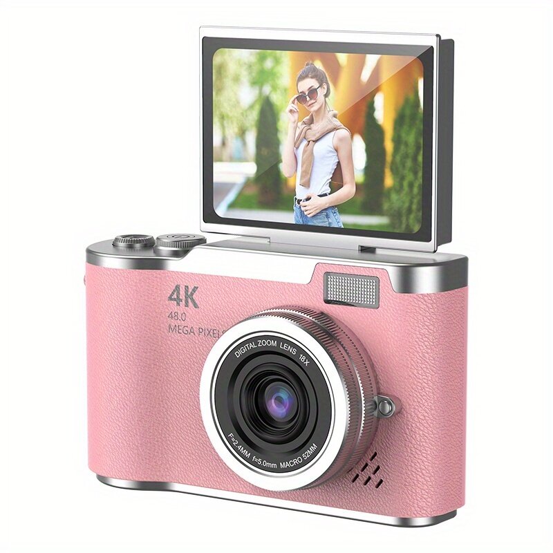 Компактная беззеркальная цифровая камера 4K HD с поворотным экраном 2.4 дюйма, ПЗС-матрицей и встроенной светодиодной подсветкой, розового цвета