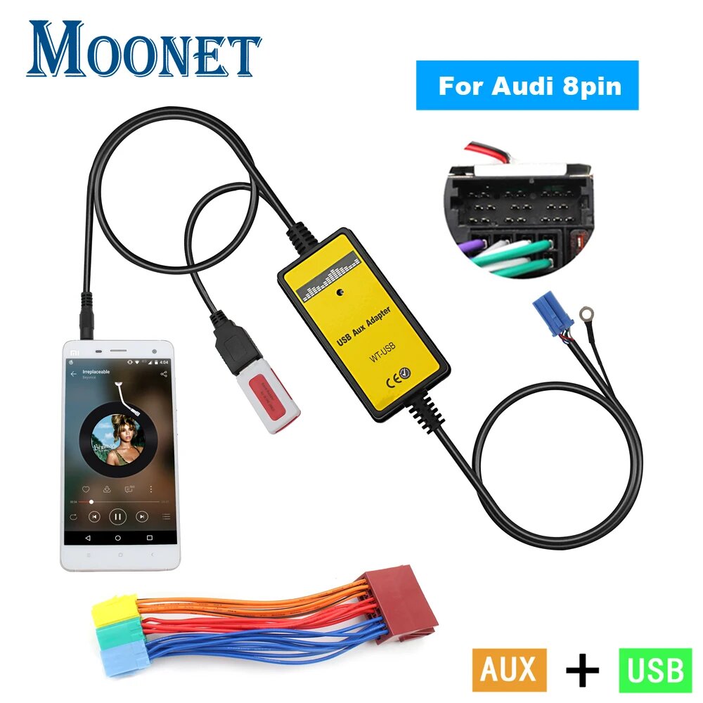 Адаптер Moonet для автомобильной аудиосистемы с USB/AUX входом (8-контактный) и 20-контактным жгутом проводов для Audi A2, A3, A4/S4, A6/S6, A8/S8, TT, All Road