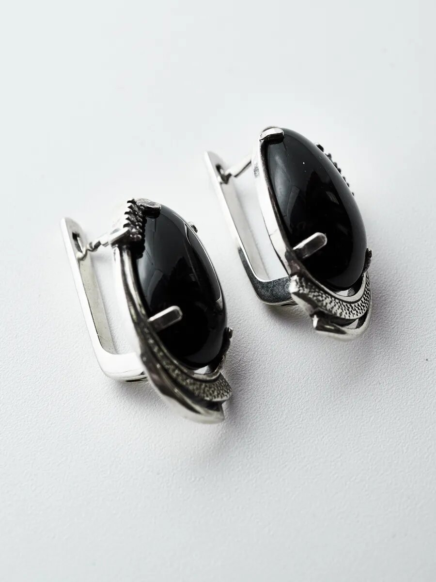 Серьги БРЮС, серебро, 925 проба, фианит, обсидиан