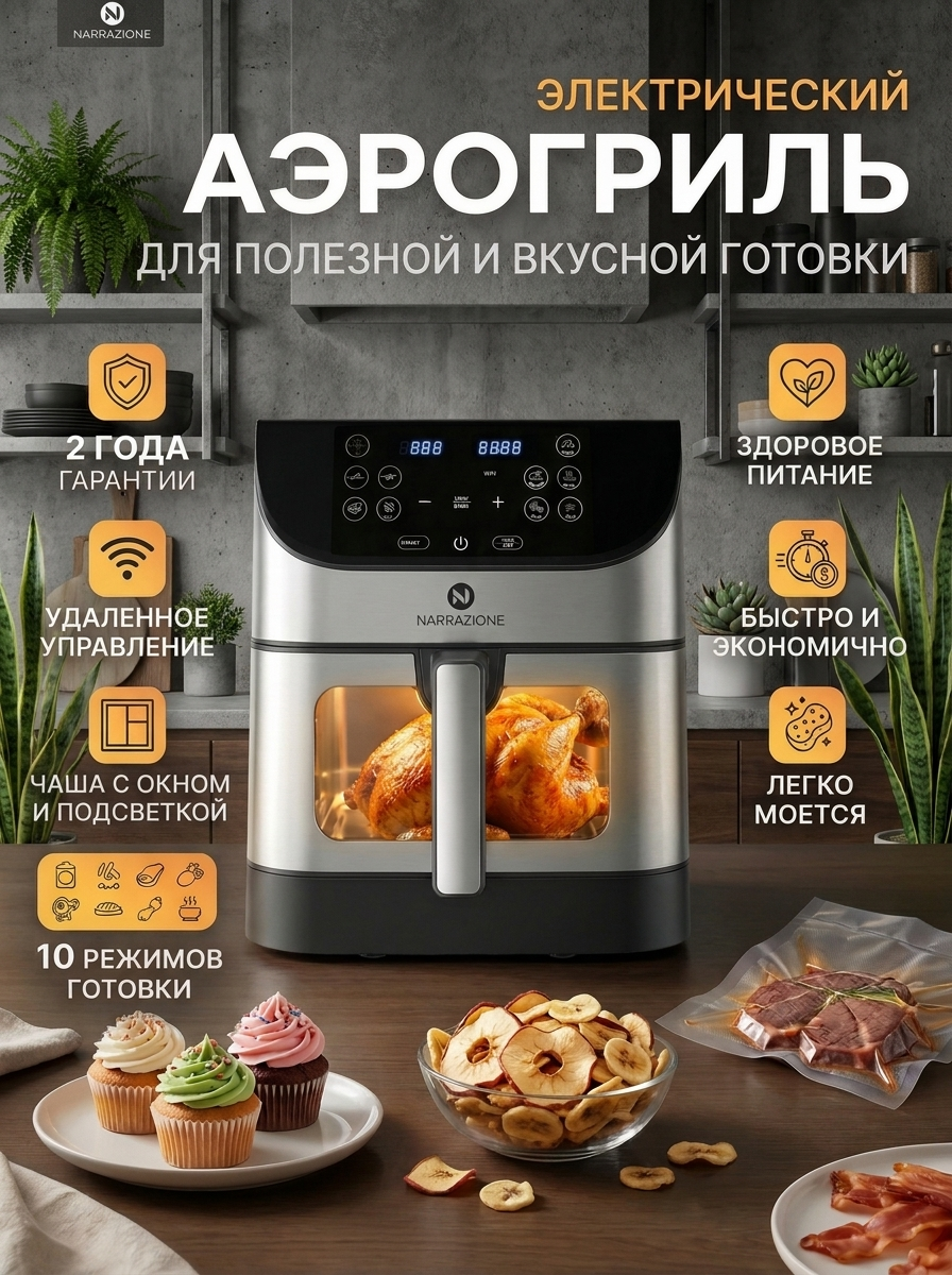Аэрогриль электрический NARRAZIONE ERA-620D / 6л,1500вт, 9 программ, аэрофртюрница с чашей и решеткой