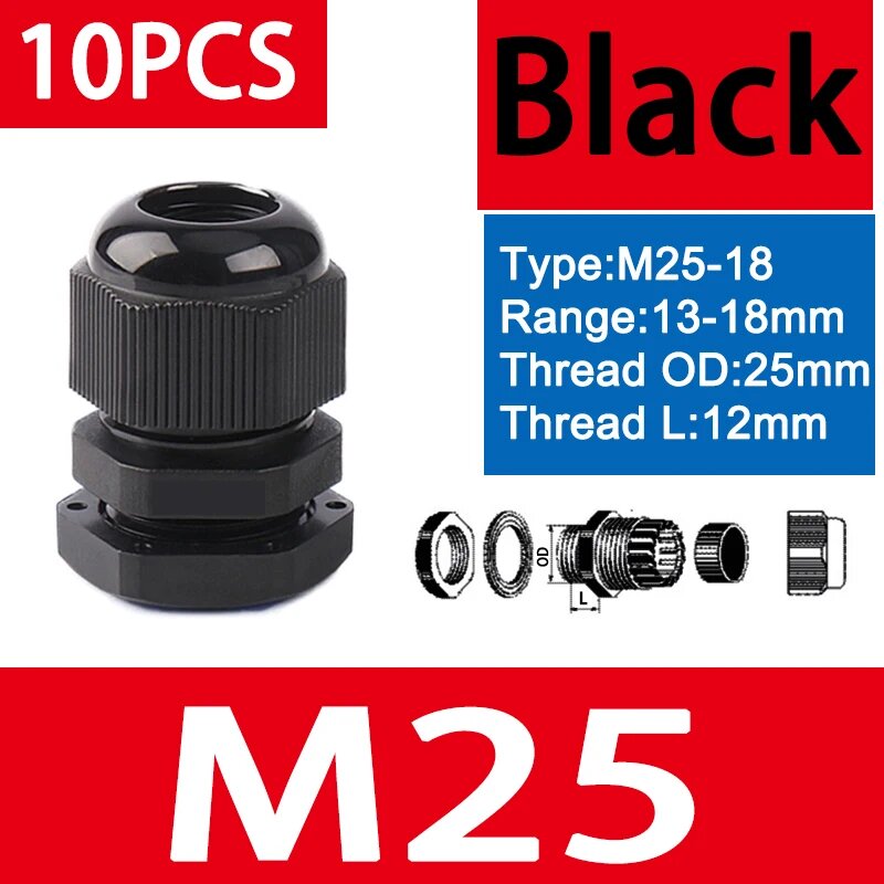 Кабельные вводы нейлоновые IP67 M8-M40 черный 10 шт M25-18 BK 10Pcs