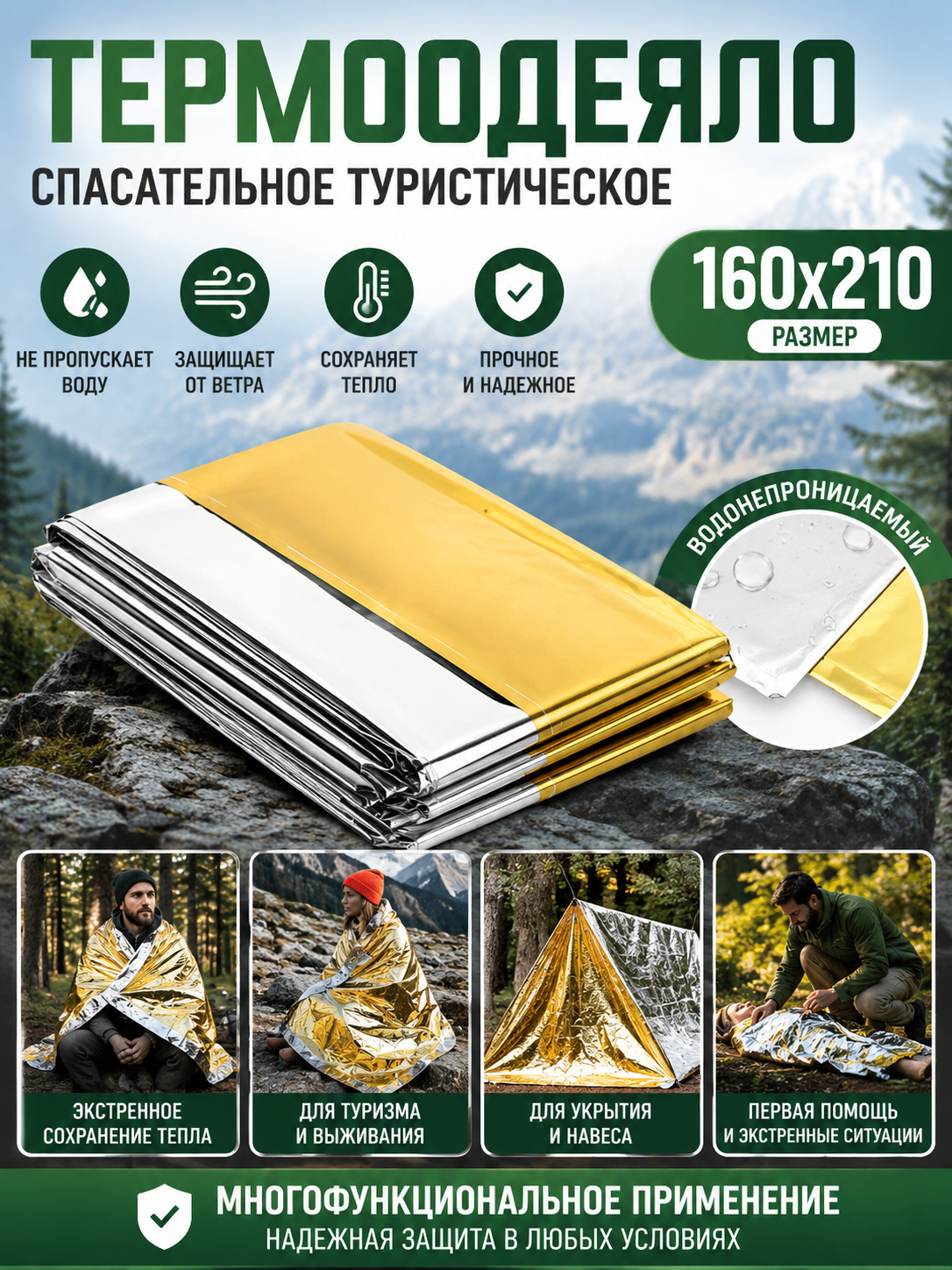 Спасательное одеяло, изотермическое, влагонепроницаемое, 160x210см, серебристо-золотистое