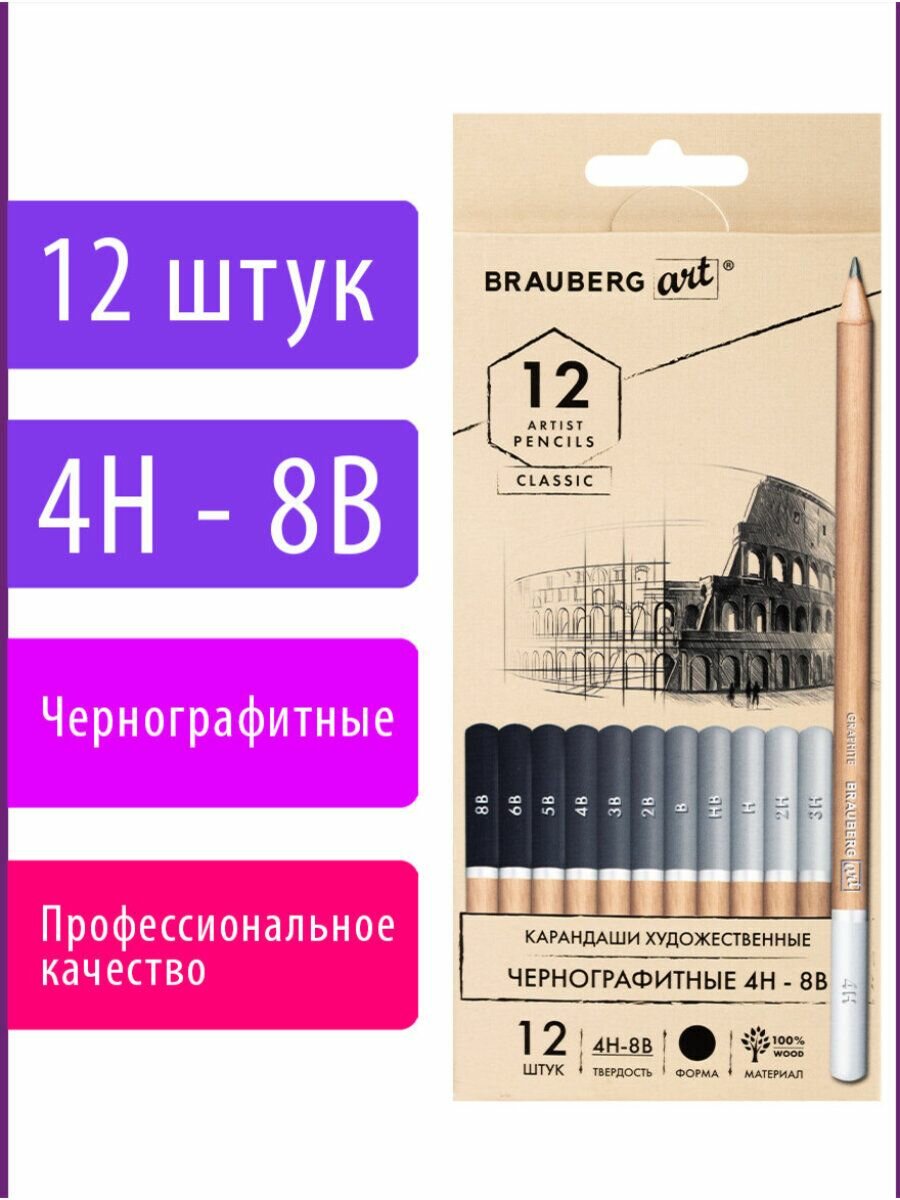 Карандаши простые чернографитные художественные 4H-8B, Набор 12 штук, Art Classic художественные карандаши чернографитные карандаши набор карандашей