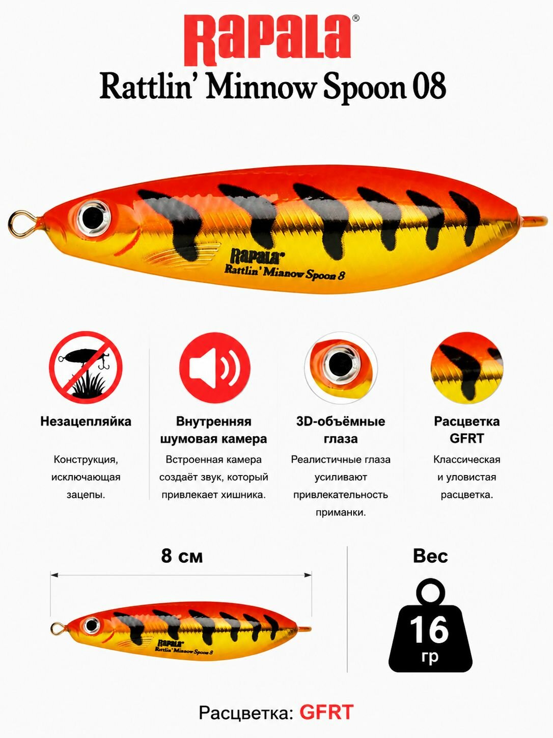 Блесна колебалка незацепляйка RAPALA Rattlin' Minnow Spoon 08 /GFRT/ 8см, 16гр. приманка с шумовой камерой ++