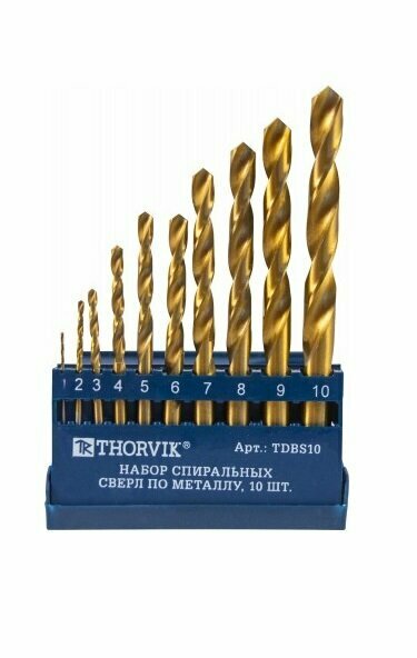 TDBS10 Набор спиральных сверл по металлу HSS TiN в пластиковом кейсе, d1.0-10.0 мм, 10 предметов