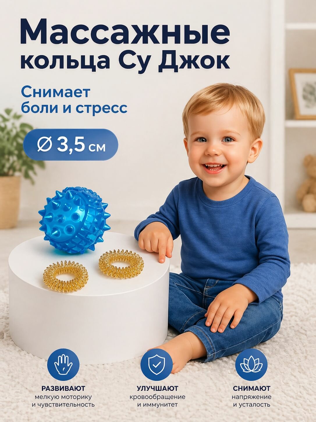 Су джок, массажный шарик с шипами / массажер для ног и рук, 3,5 см, 2 кольца