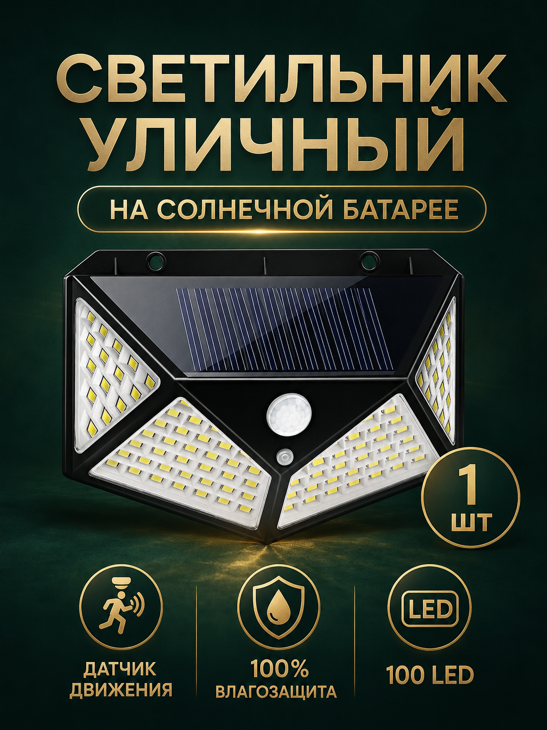 Уличный светодиодный светильник, Фонарь на солнечной батарее с датчиком движения, Черный