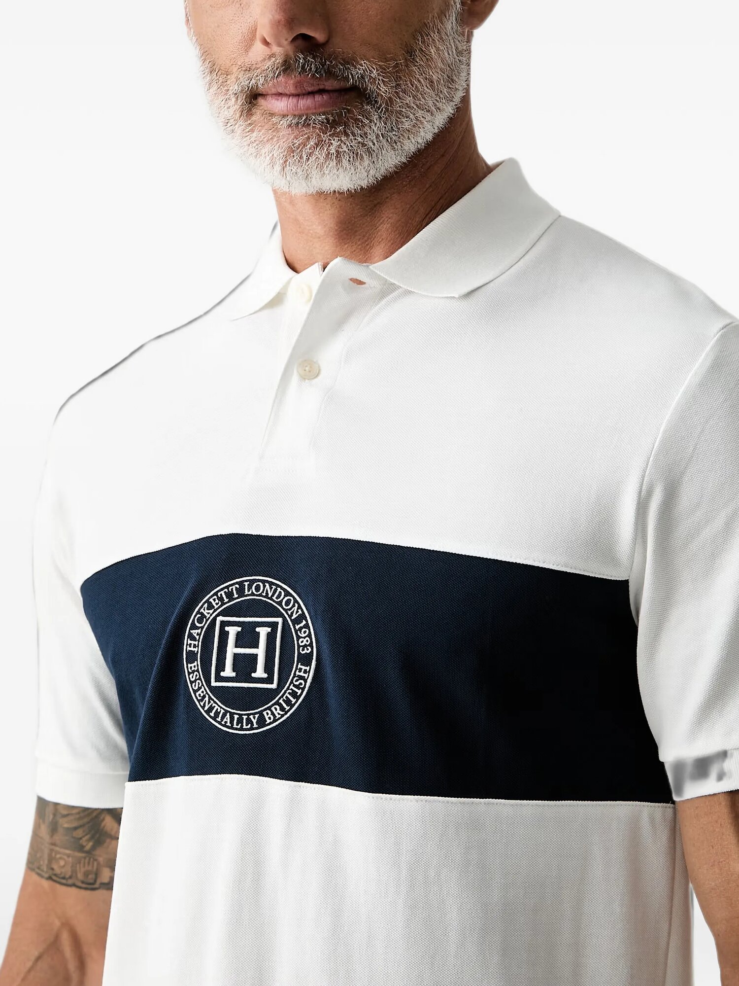 Рубашка HACKETT London Logo-embroidered buttoned polo shirt, размер 52, бежевый/белый — фото 1