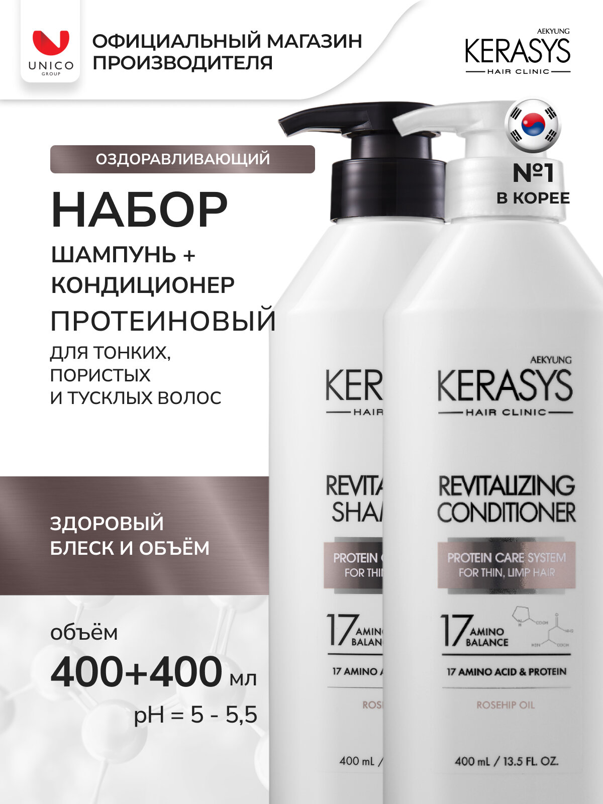 Kerasys Набор шампунь и кондиционер для волос Оздоравливающий CLINIC 2х400 мл, для нормальных и окрашенных волос, Корея