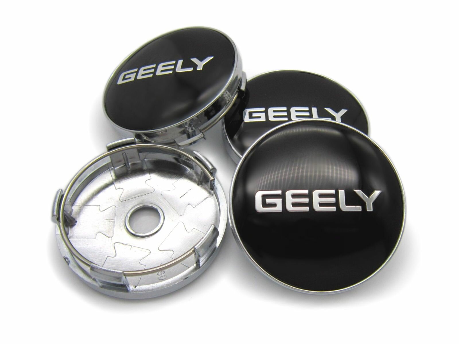 Колпачки заглушки на литые диски Geely black надпись 60/56 мм, комплект 4 шт.