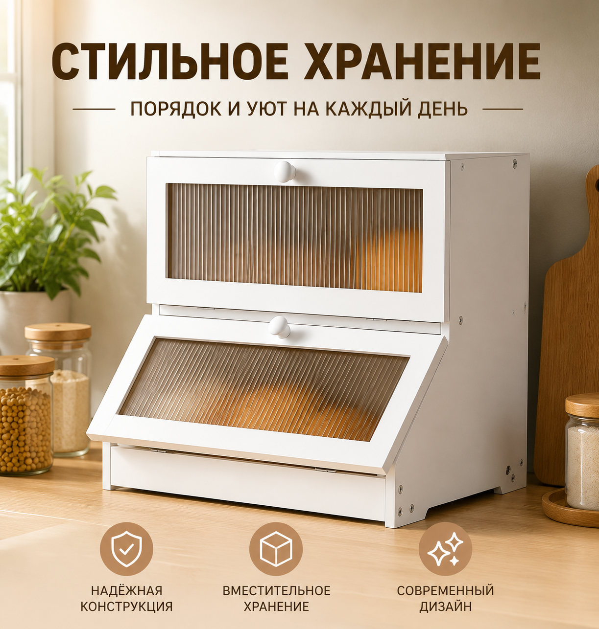 Хлебница двойная из дерева, пылезащищенная коробка‑органайзер для хлеба и кондитерских изделий на кухонную столешницу