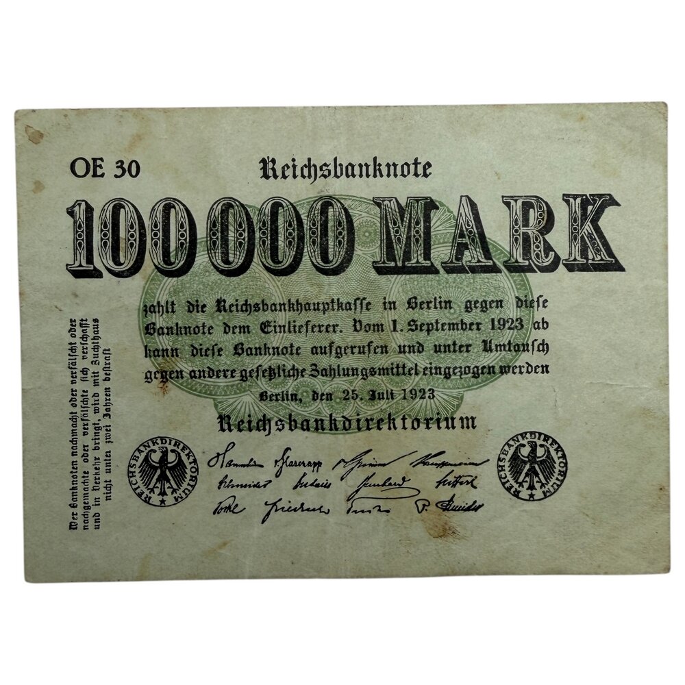 Веймарская республика (Германия) 100000 марок 1923 г. (25.07) (ВЗ - Звёзды) (Серия OE 30)