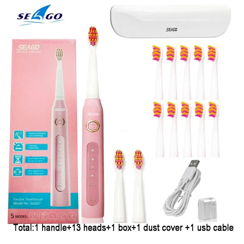SEAGO Электрическая зубная щетка 507 SG-507 ультразвуковая 5 режимов 13 насадок USB зарядка