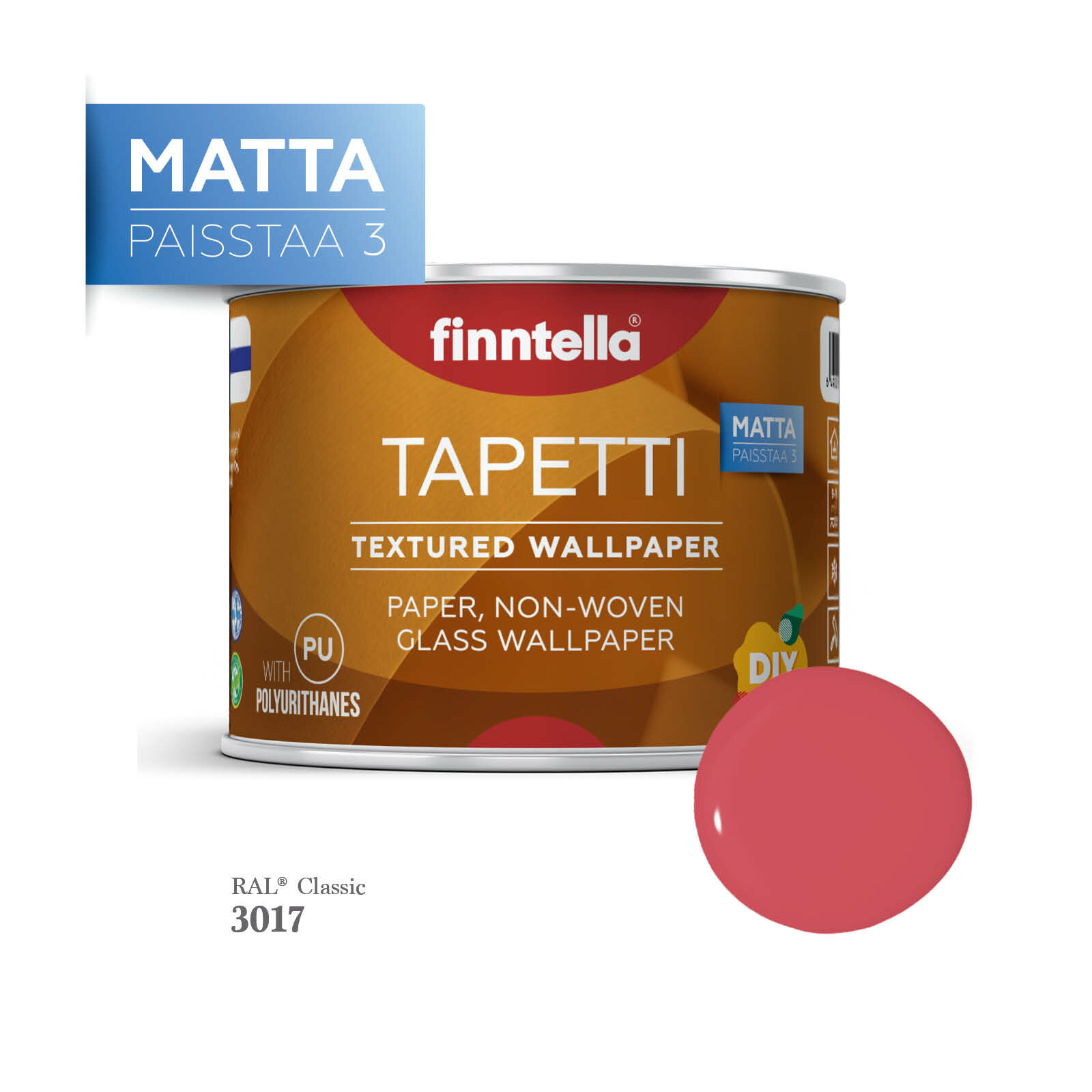 Матовая краска для обоев под окраску TAPETTI Matta FINNTELLA, Цвет RAL 3017 Розовый (Rose), 0,45л