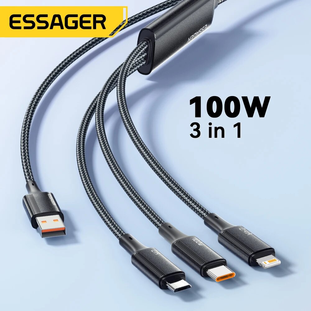 Essager Кабель 100 Вт USB C — Type C для освещения PD Быстрое зарядное устройство для передачи данных 3 в 1 Шнур для быстрой зарядки для Macbook iPhone Samsung Xiaomi