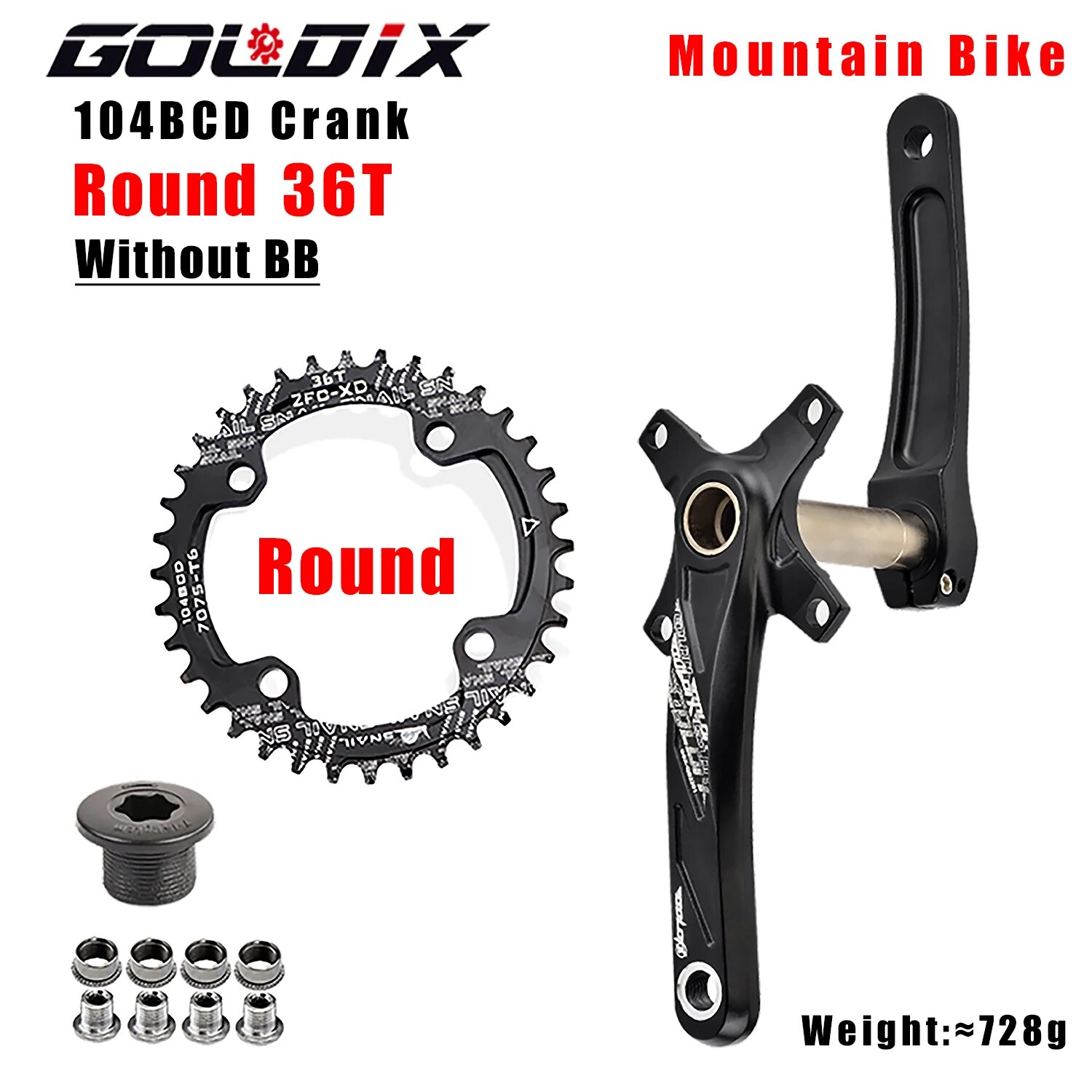 GOLDIX Шатуны Алюминий 104BCD 165/170/175мм 32/34/36/38T 175mm, Crank Round 36T