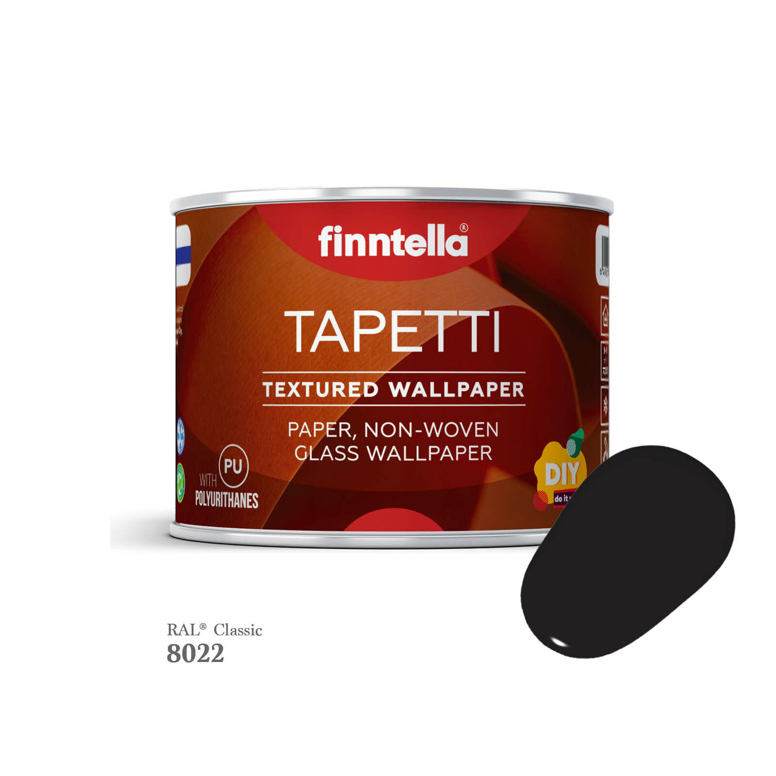 Шелковисто-матовая краска для обоев под окраску TAPETTI SILKKI Matta FINNTELLA, Цвет RAL 8022 Черно-коричневый (Black brown), 0,45л