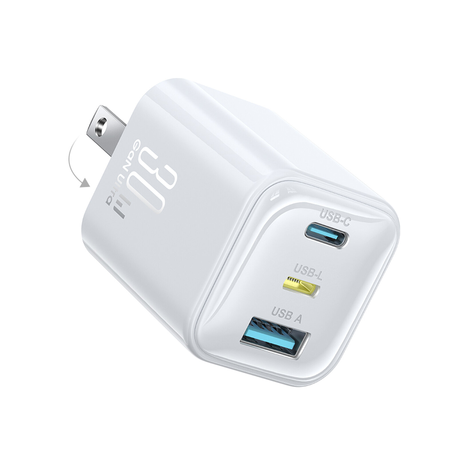 Сетевое зарядное устройство 30 Вт GaN, 3 порта (USB-C, USB-A, 8-pin), компактный блок питания со складной вилкой 100-240 В для смартфонов и планшетов, белый