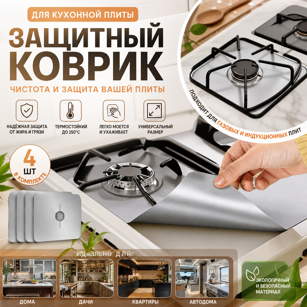 Многоразовые защитные листы, для газовой плиты, антипригарные, 27х27 см, комплект 4 шт.
