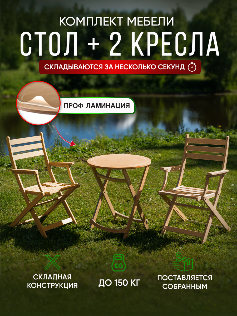 Стол круглый складной и два кресла с кодлокотниками, комплект,