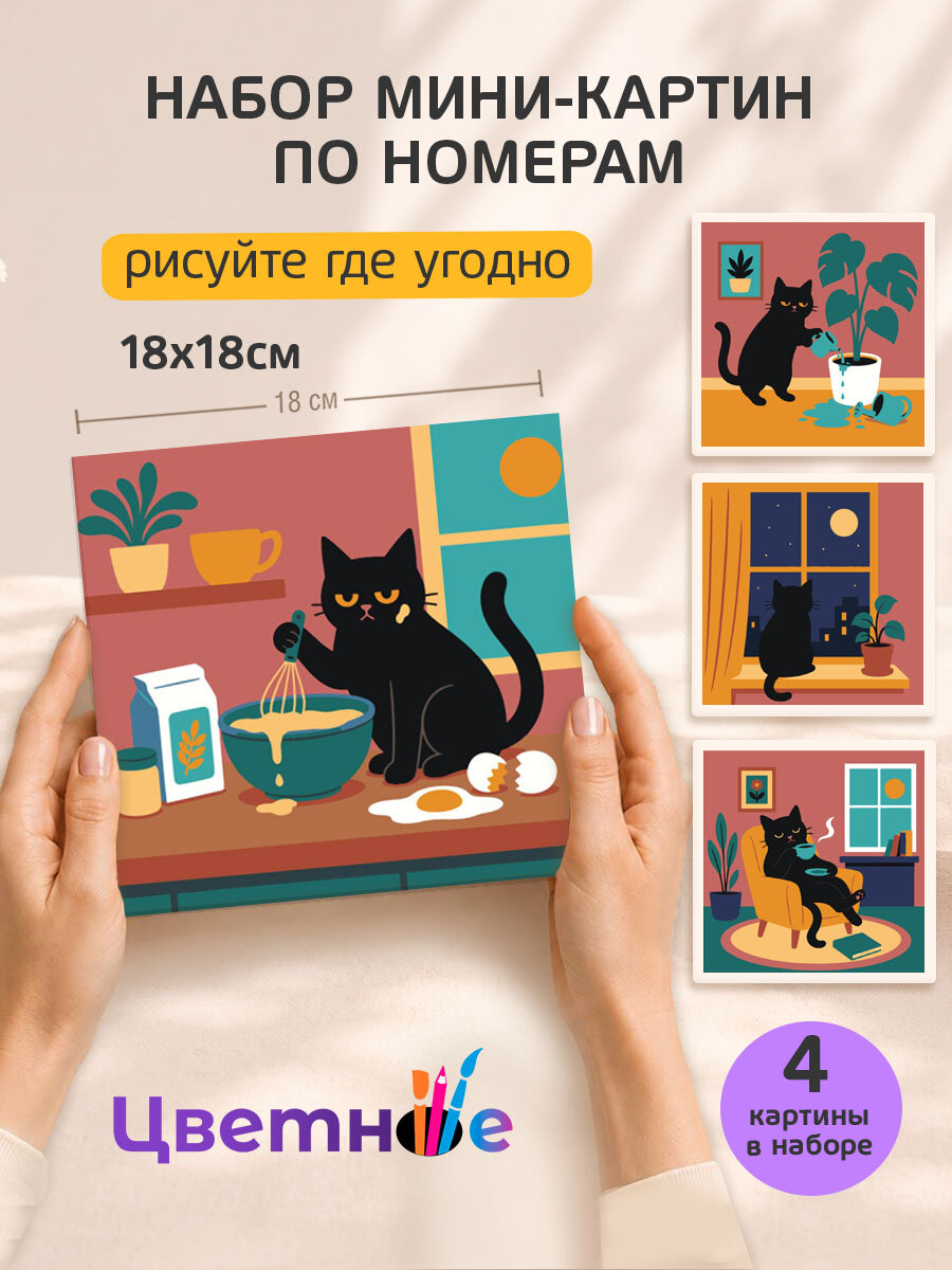 Набор мини картин по номерам на холсте "Животные: дом черного кота" 18x18 см, 4 шт.