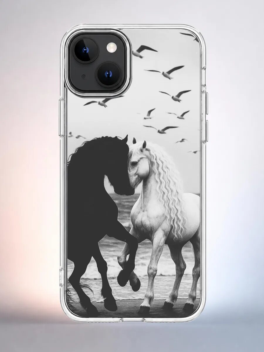 Чехол iPhone 13 лошади дыбы силиконовый прозрачный