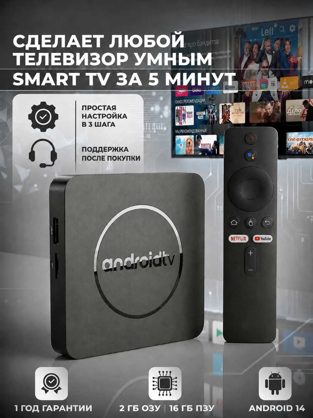 Смарт ТВ приставка для телевизора, Nerra, медиаплеер Android 14