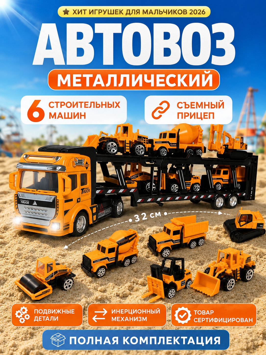 Автовоз металлический TrendToys с машинками спецтехники, подвижные детали, 6 машинок
