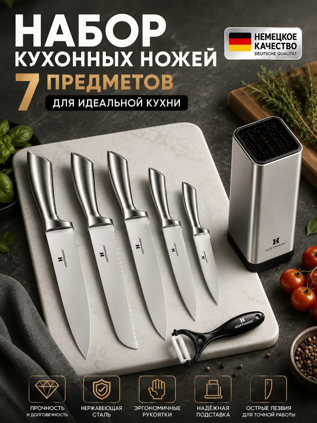 Набор кухонных ножей Hoffmann, 7 предметов, с подставкой, нержавеющая сталь