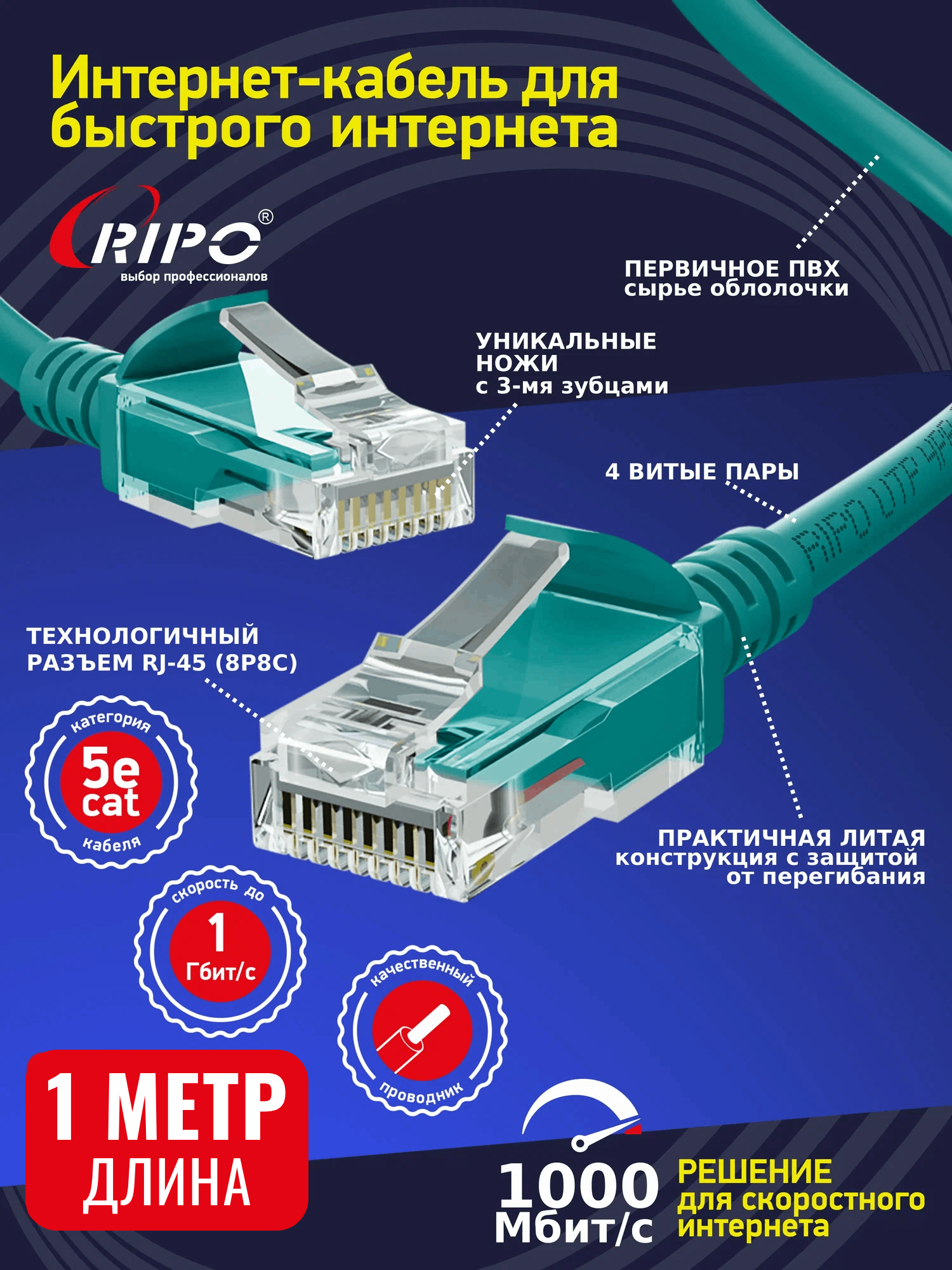 Патч-корд RIPO UTP Cat 5e, RJ45–RJ45, 1 м, зелёный — CCA, ПВХ — фото 1