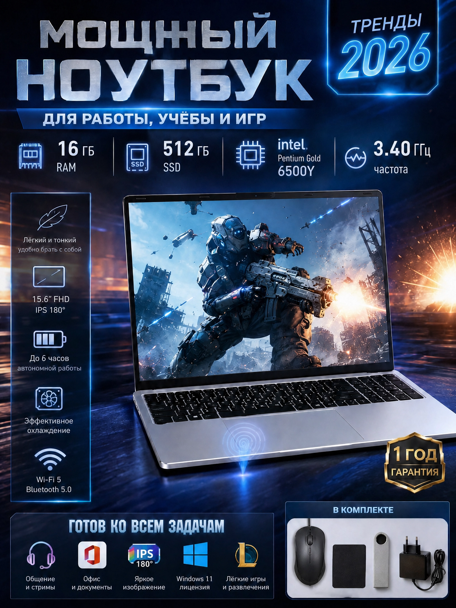 Ноутбук 15.6" FHD / Intel Pentium Gold 6500Y / RAM 16 ГБ / SSD 512 ГБ / Раскрытие 180° / Windows 11 Pro