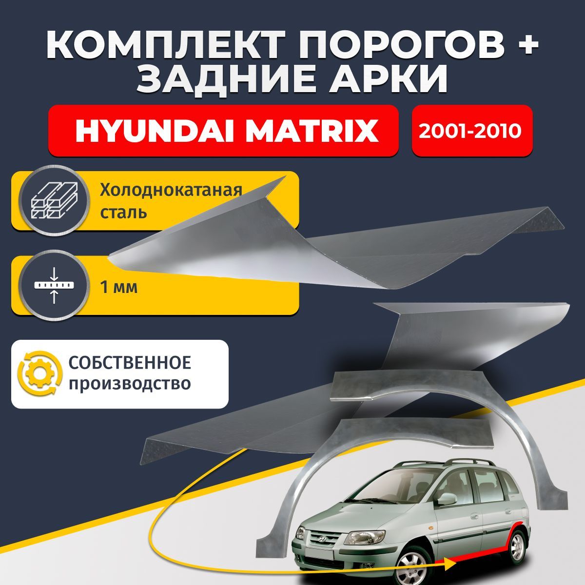 Комплект задних ремонтных арок, 0.8 мм и комплект порогов 1 мм для Hyundai Matrix 2001-2010 минивэн 4 двери (Хендай Матрикс). Холоднокатаная сталь. Кузовной ремонт.