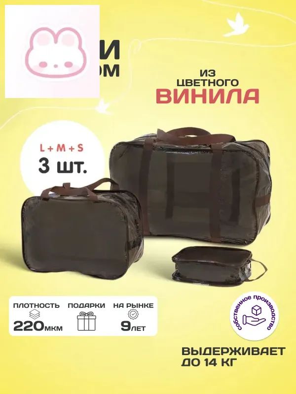 Сумка в роддом прозрачная "здравствуй, мама!" для беременных готовая для мамы и малыша 3 шт. (большая +средняя сумка+косметичка) плотность - 160 микрон