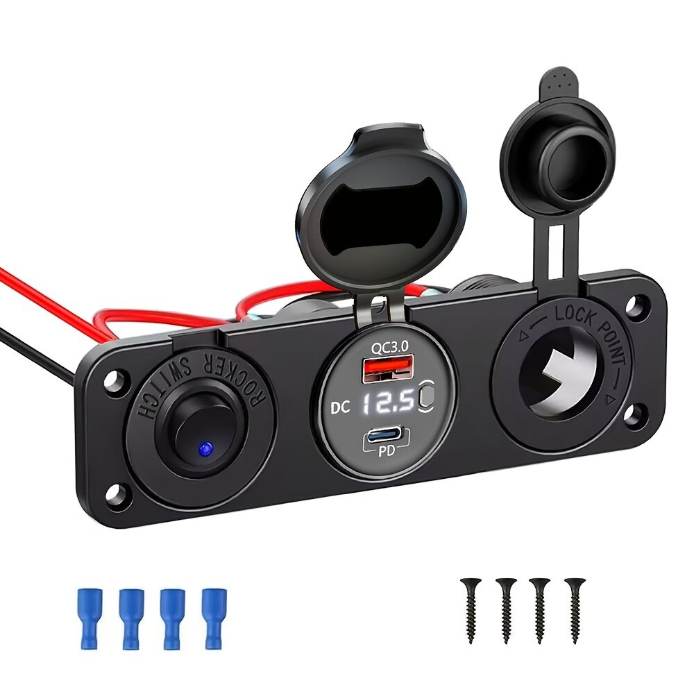 Зарядное устройство в прикуриватель 3-в-1 с кабелем, портами PD Type-C и QC3.0 USB, светодиодным вольтметром для автомобиля, грузовика, автодома и лодки